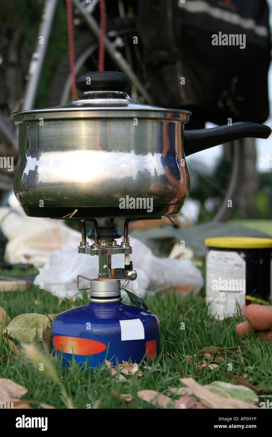camping gas stove in field Stock Photo - Alamy