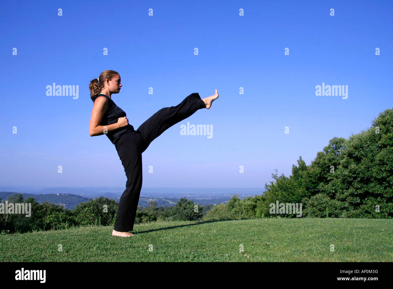 front kick attractive young woman practising self defense Stock Photo ...