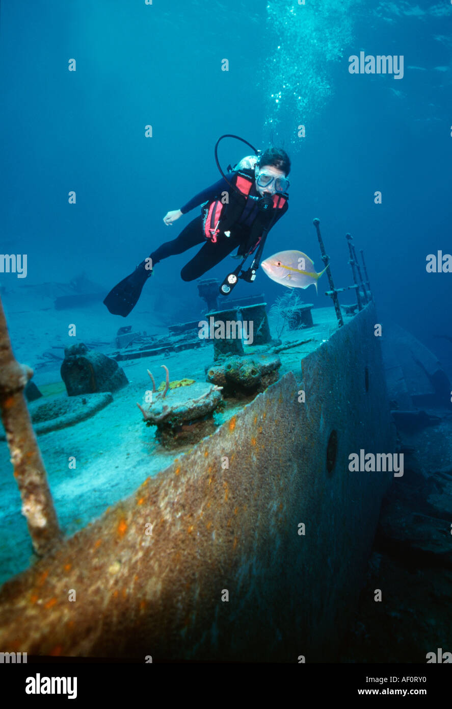 Grand Cayman u w Teenage girl dives the Wreck of the Oro Verde w ...