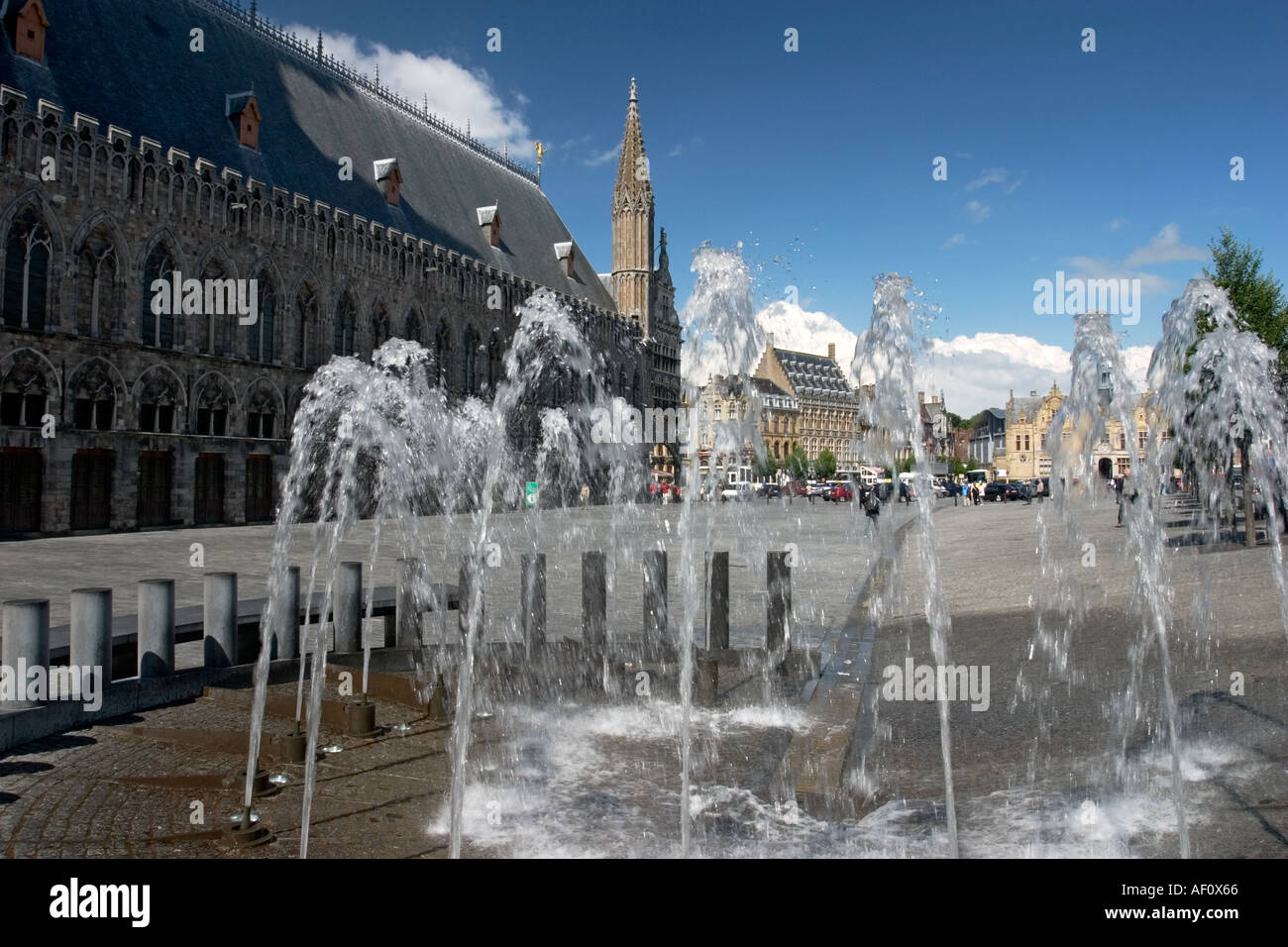 View of Cloth Hall water fountain and town square in Ypres Belgium ...