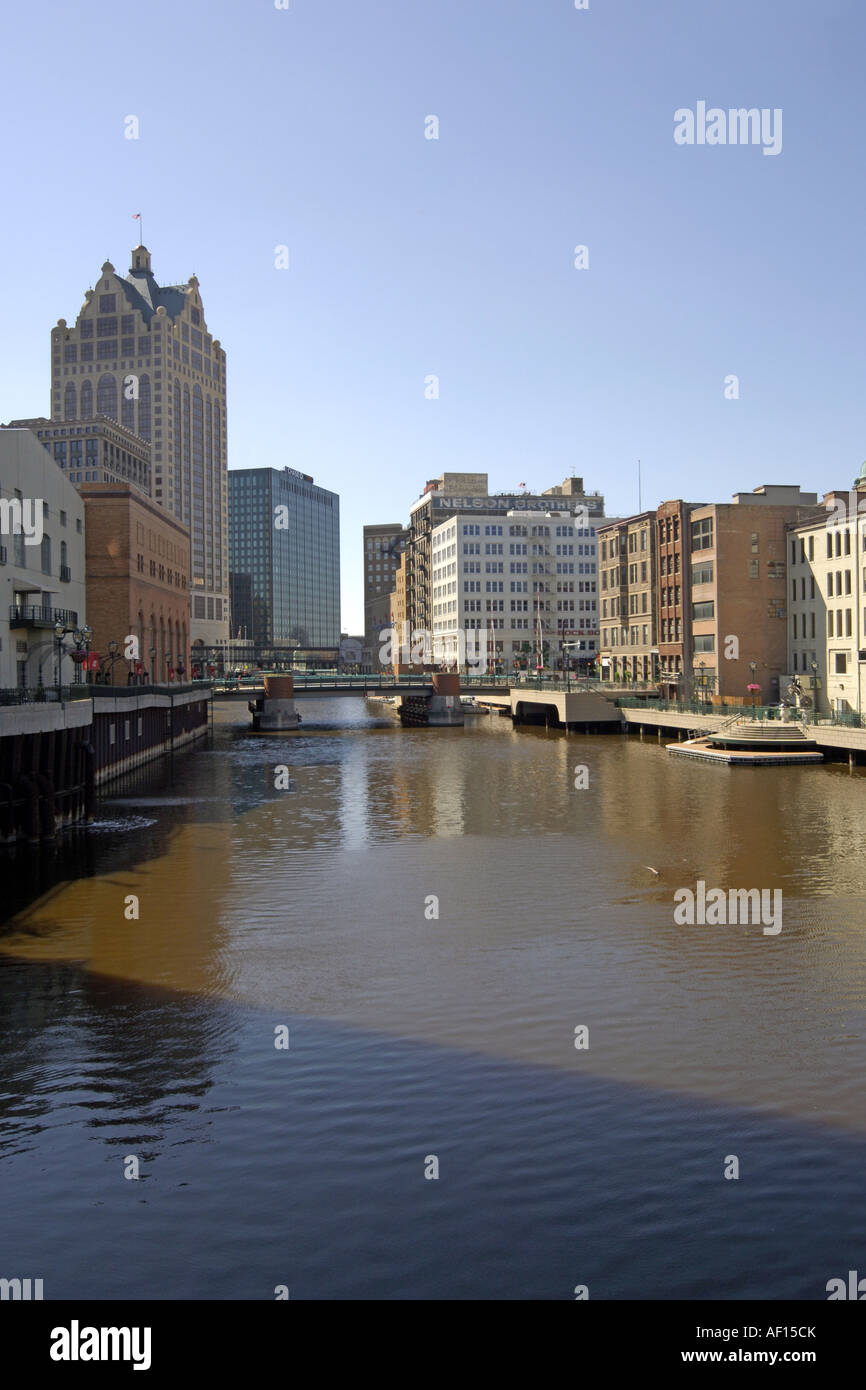 Downtown Milwaukee split in half by the Milwaukee River Wisconsin WI ...