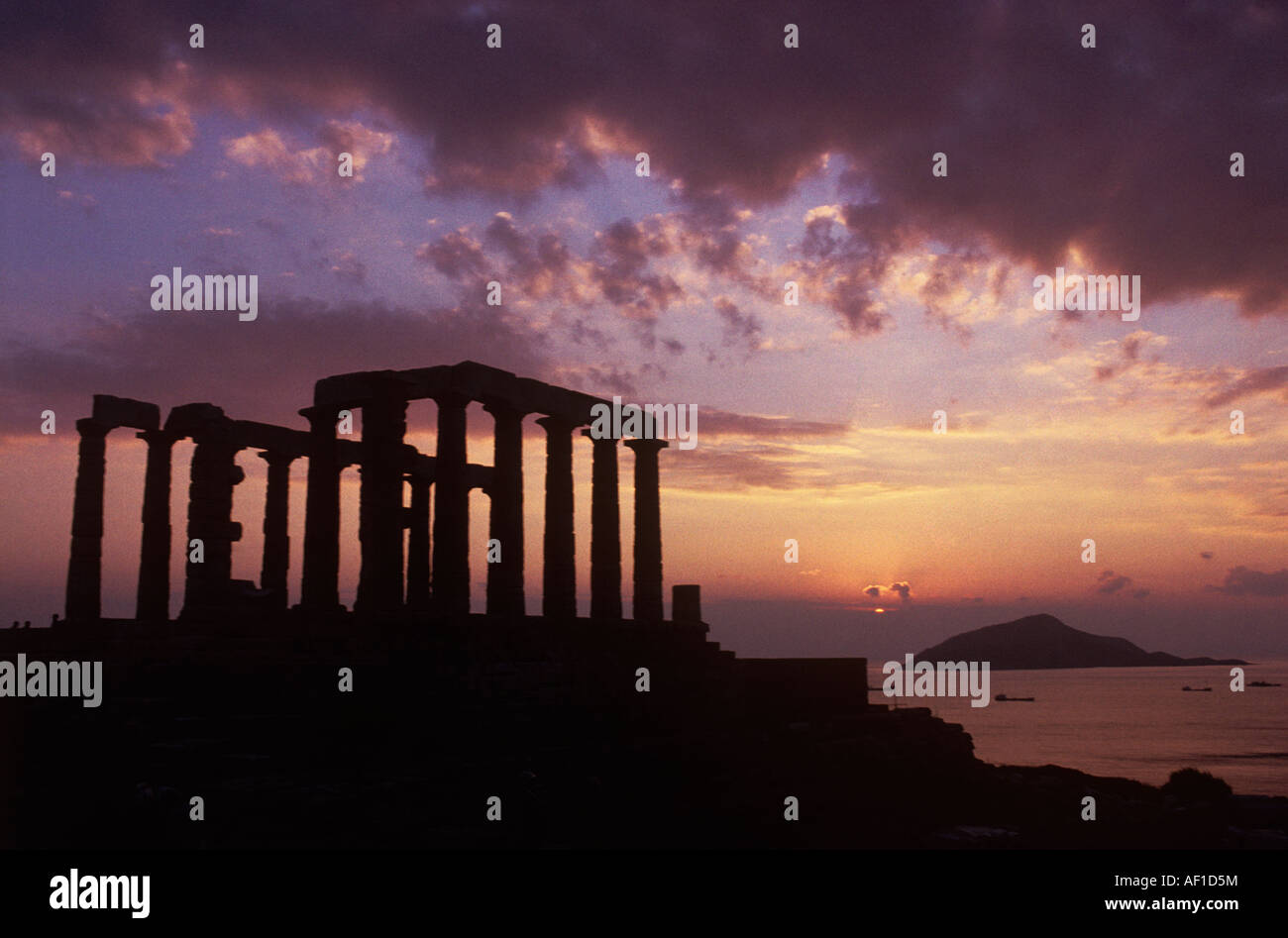 Greece,Sounion.Sunset at theTemple of Poseidon.Legend has it that ...