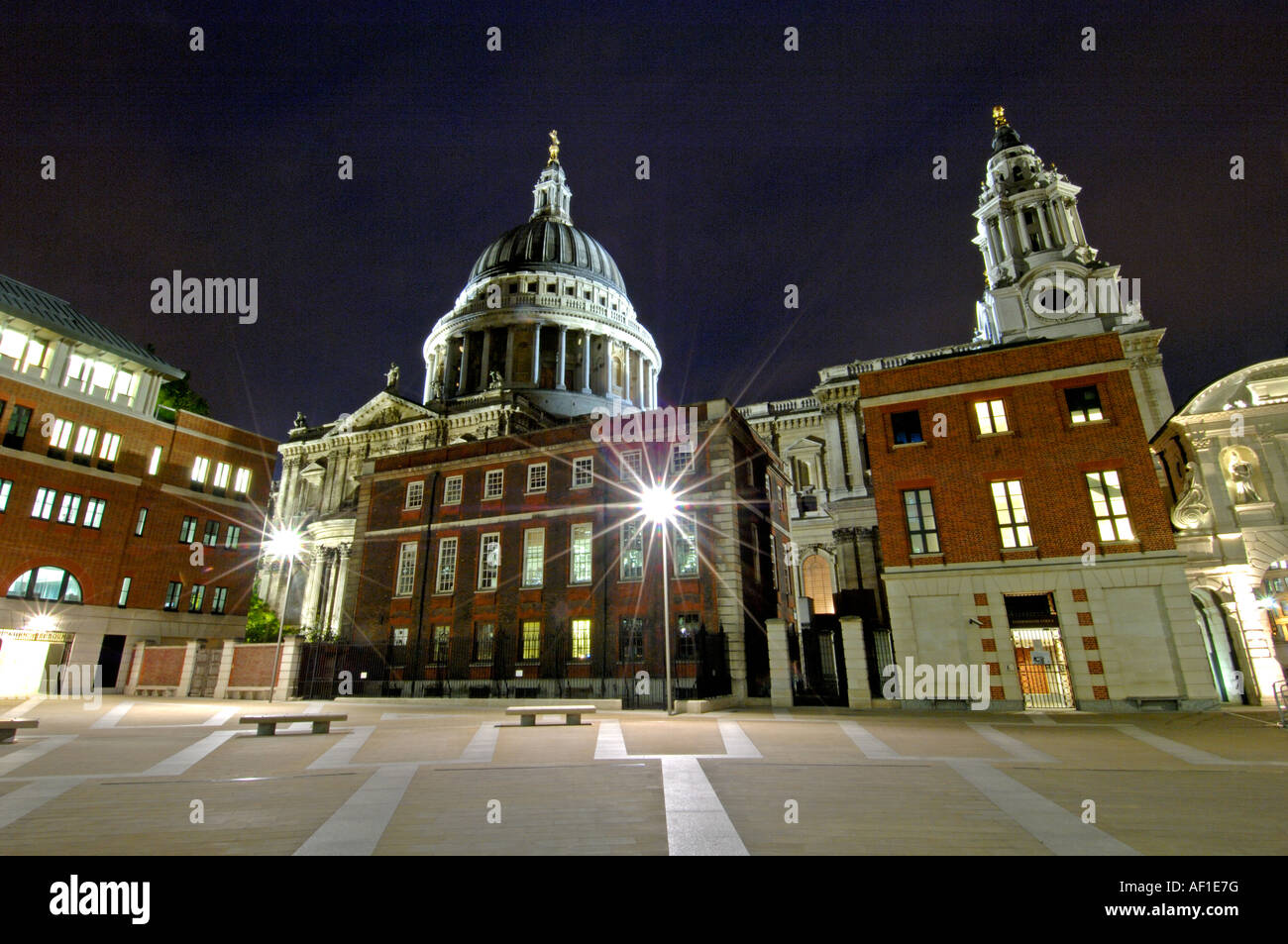 Paternoster square and St Paul's cathedral at night, London, United ...