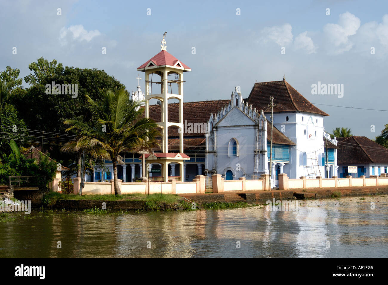 CHURCH ON THE BANKS OF BACKWATERS OF KERALA, CHAMPAKULAM Stock Photo ...