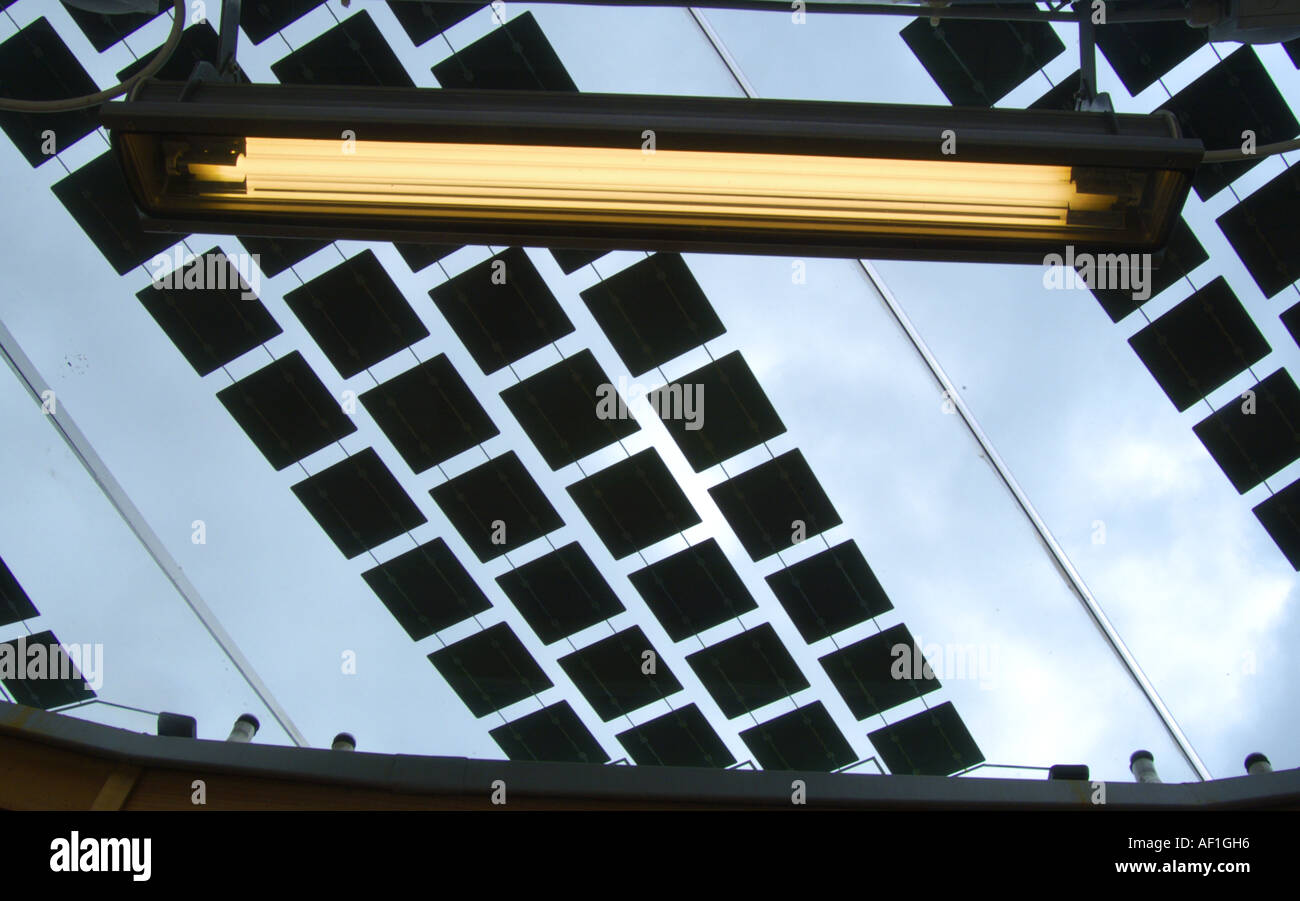 Solar Photo Voltaic cells on a roof at the Eden Project in Cornwall ...