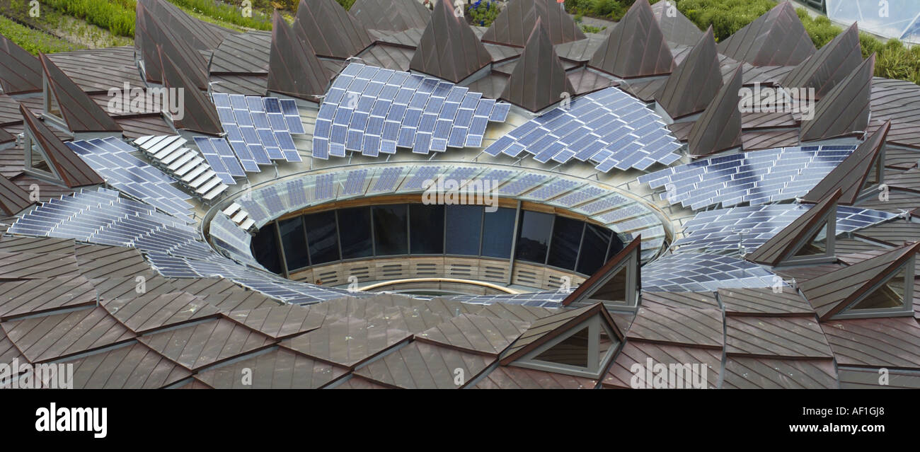 Solar Photo Voltaic cells on a roof at the Eden Project in Cornwall ...