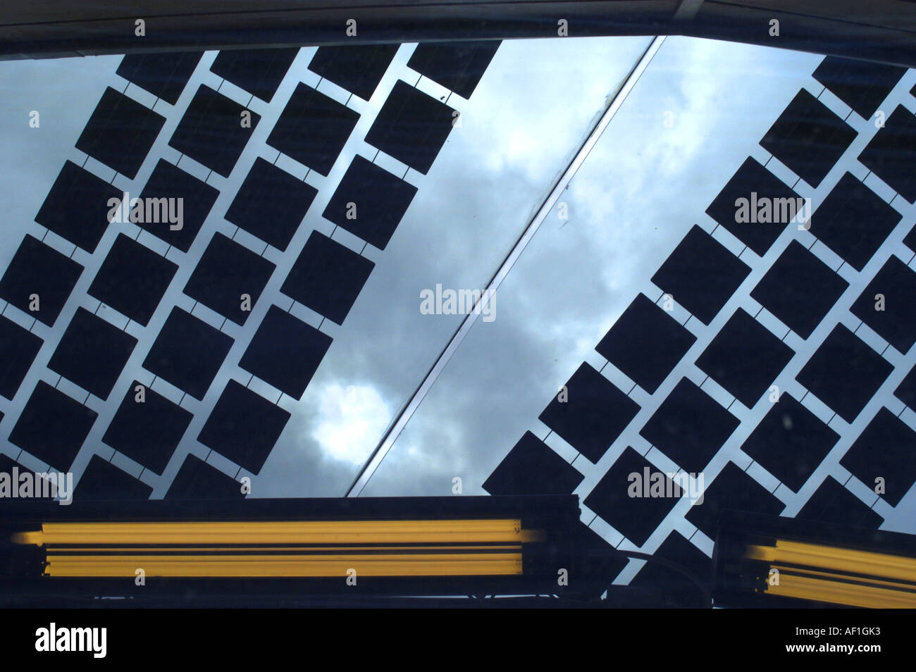 Solar Photo Voltaic cells on a roof at the Eden Project in Cornwall ...