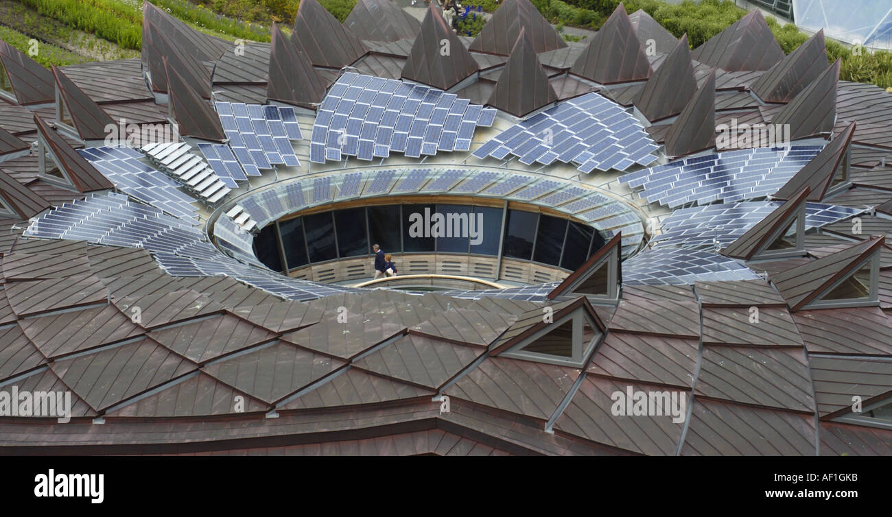 Solar Photo Voltaic cells on a roof at the Eden Project in Cornwall ...