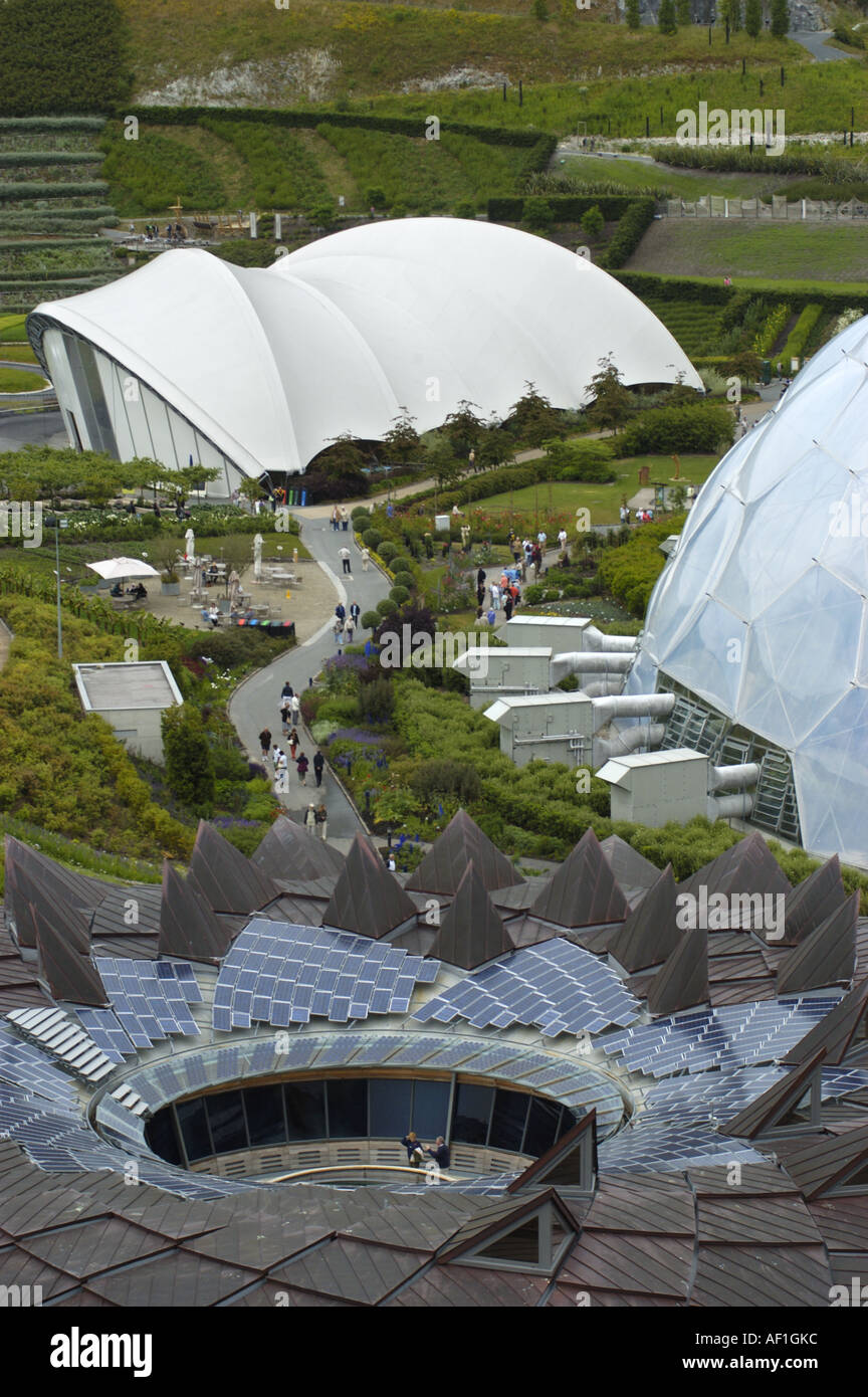 Solar Photo Voltaic cells on a roof at the Eden Project in Cornwall ...