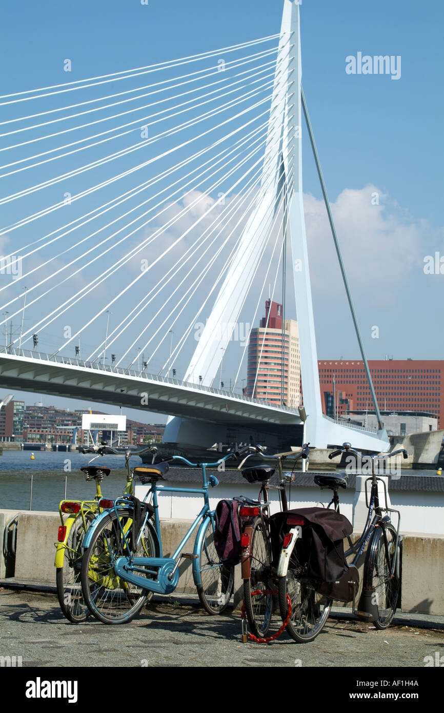 Erasmusbrag bridge Rotterdam The Netherlands colourful cycles in rack ...