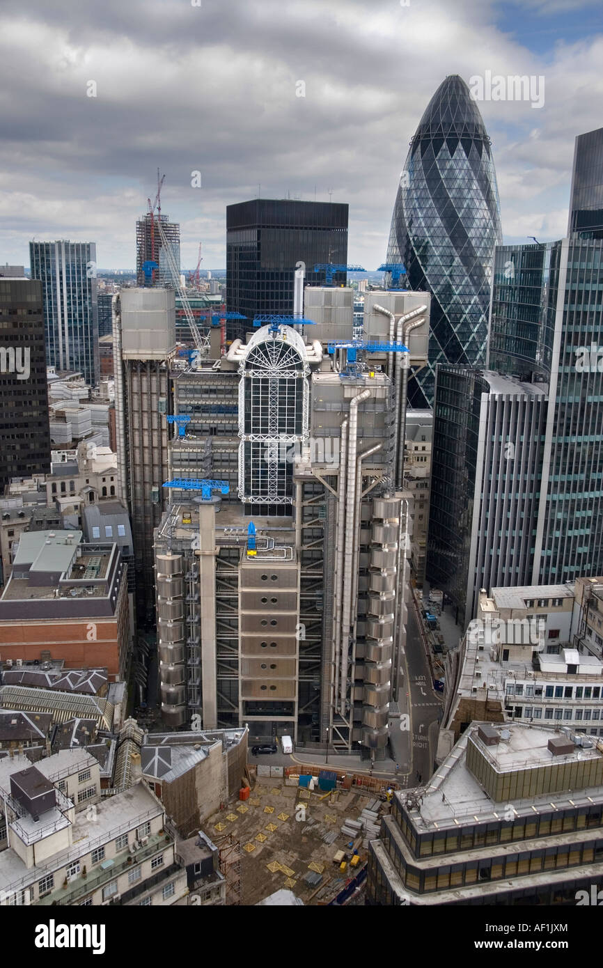 Aerial view of the Lloyds Building in the City of London.The Gherkin is ...