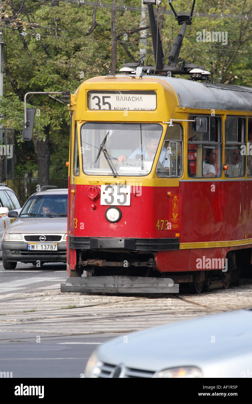 Warsaw Poland public transport tram network in the traditional red and ...