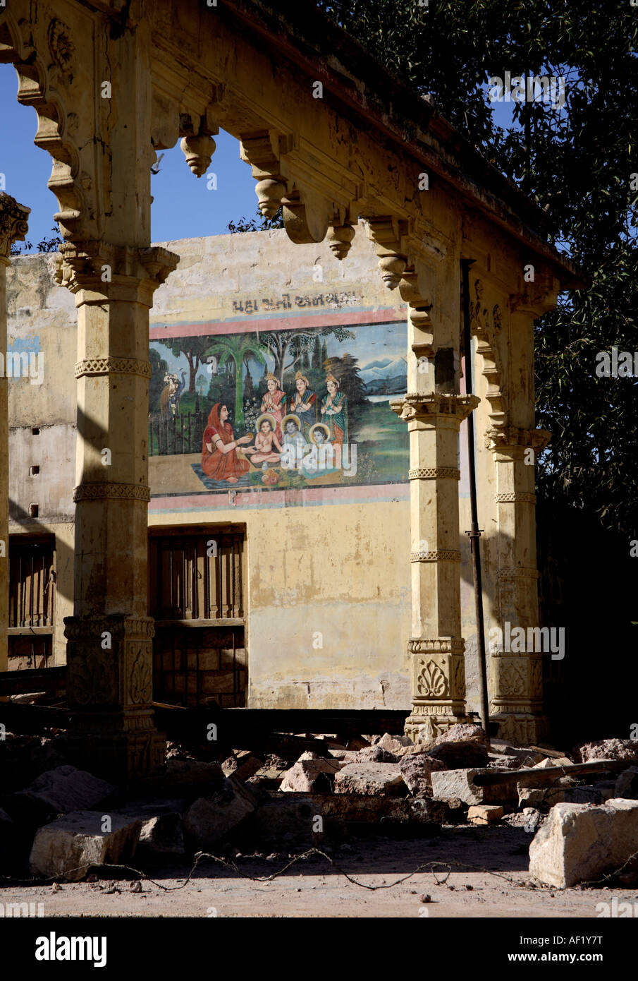 Temple mural in ramshackle beachside Temple complex, Porbandar, Gujarat ...