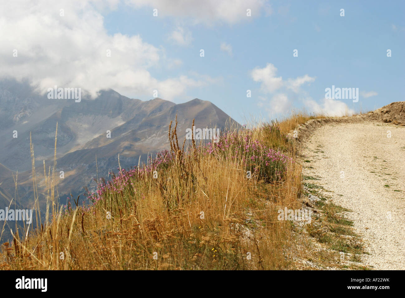Strada Bianca or access road curving around Mont Sibilla in the ...