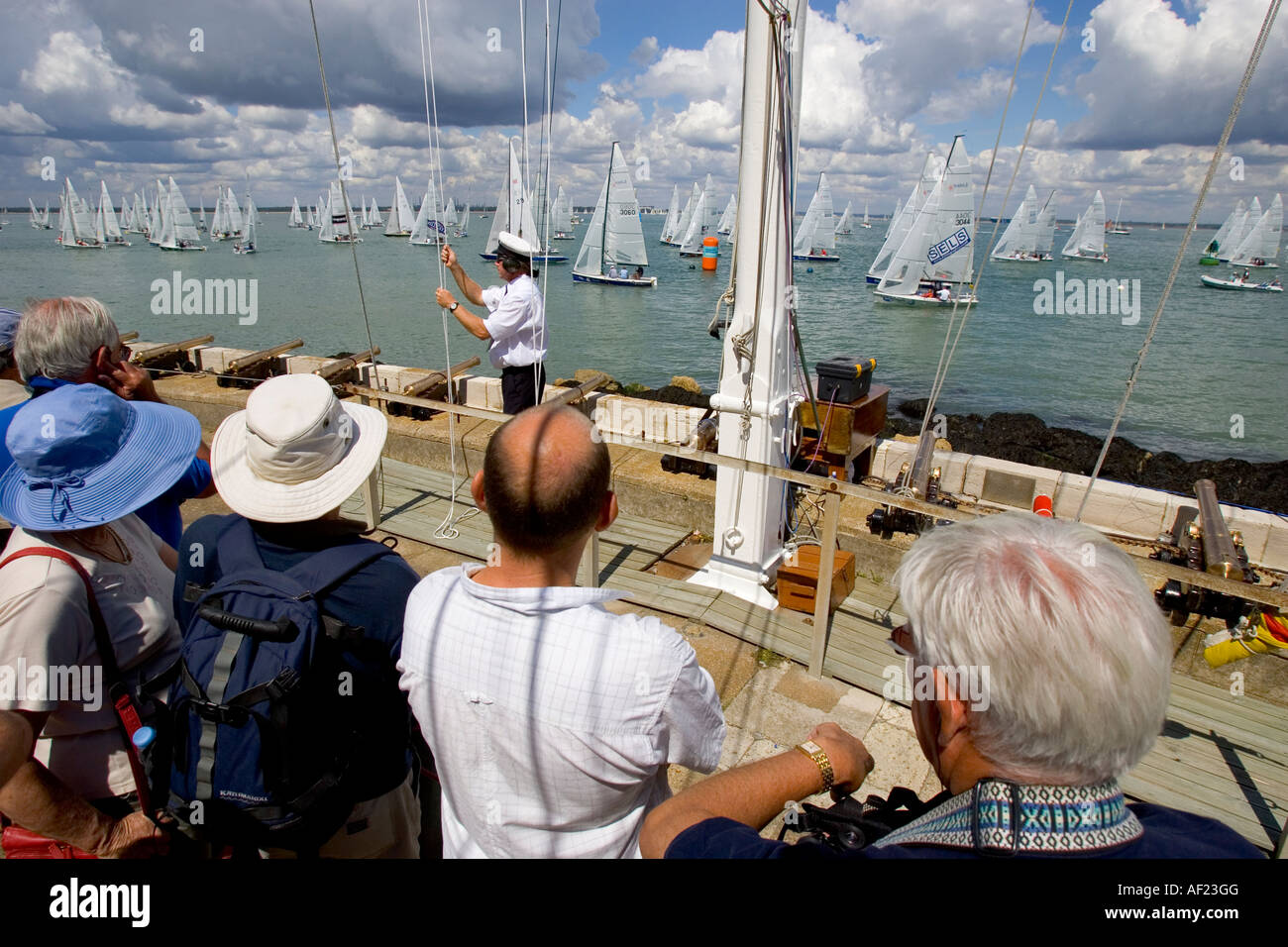 Royal Yacht Squadron Start line crowd Cowes Week Isle of Wight England ...