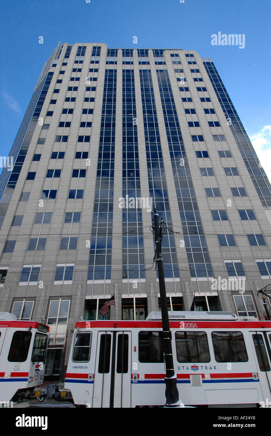 Trax Salt Lake city s light rail moves past in lower frame with Gateway ...