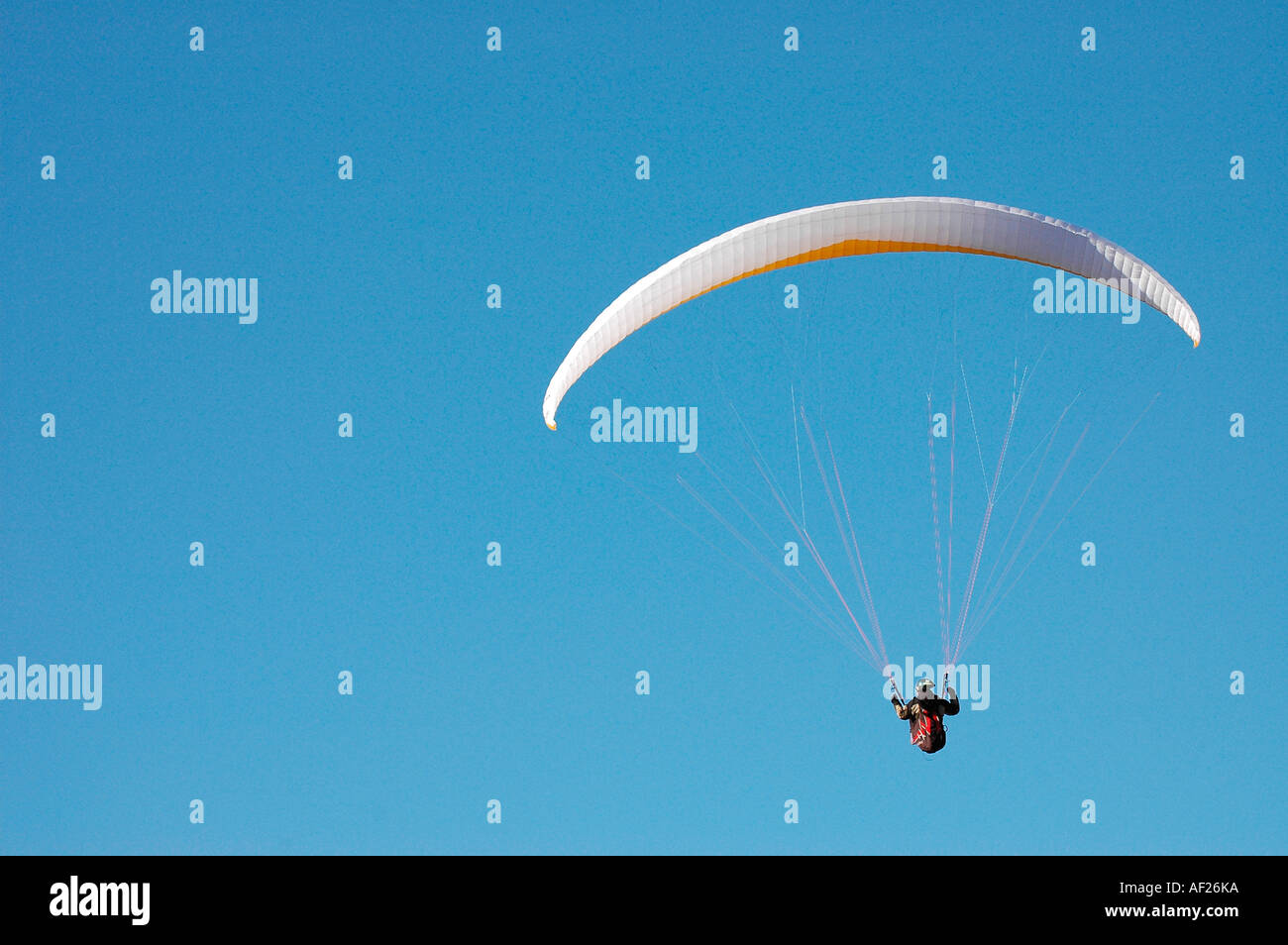 Pilot flying white para glider against a perfectly blue sky Stock Photo ...