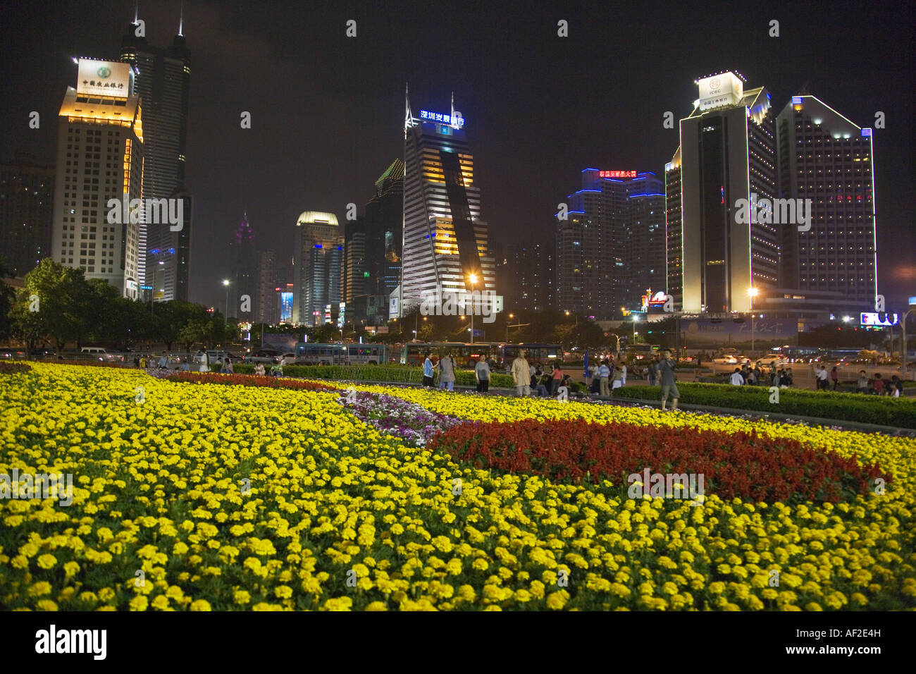 Night view of modern high rises in downtown Shenzhen Guangdong Province ...
