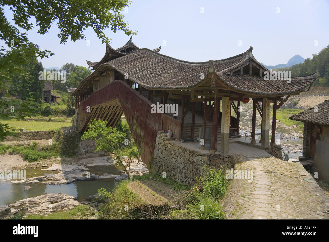 Ancient wood covered bridge Lixing Bridge Taishun near Wenzhou Zhejiang ...