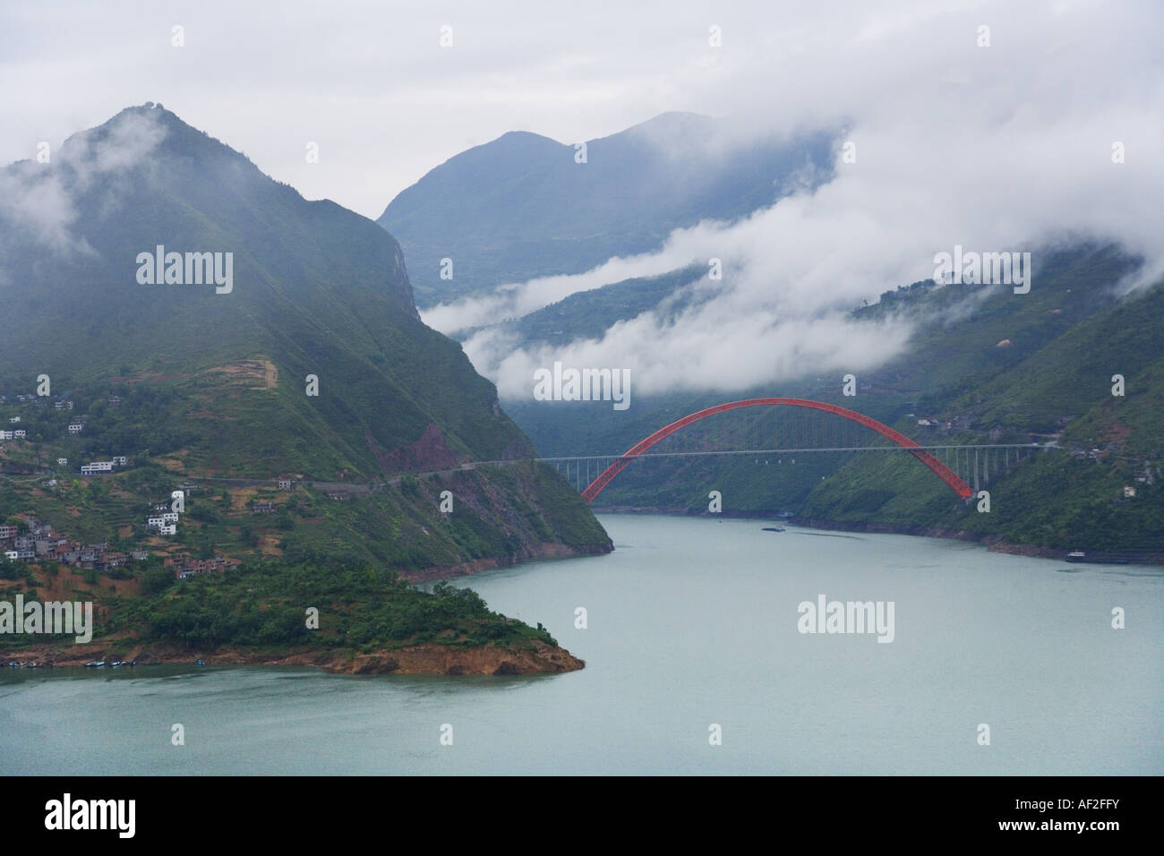 Bridge at the entrance to Wu Gorge Three Gorges Yangtze River Sichuan ...