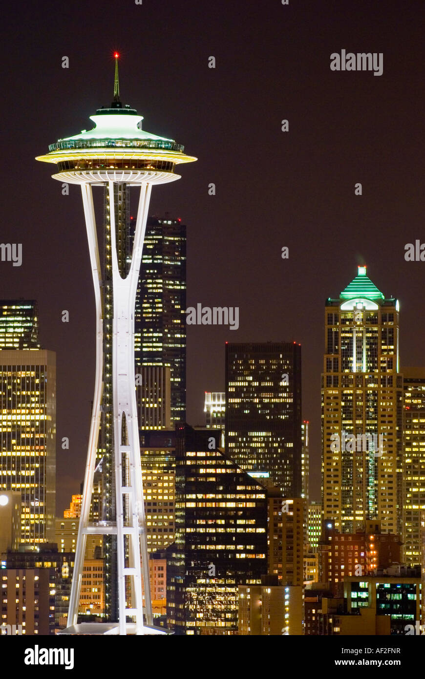 The Space Needle and downtown buildings at night Seattle Washington ...