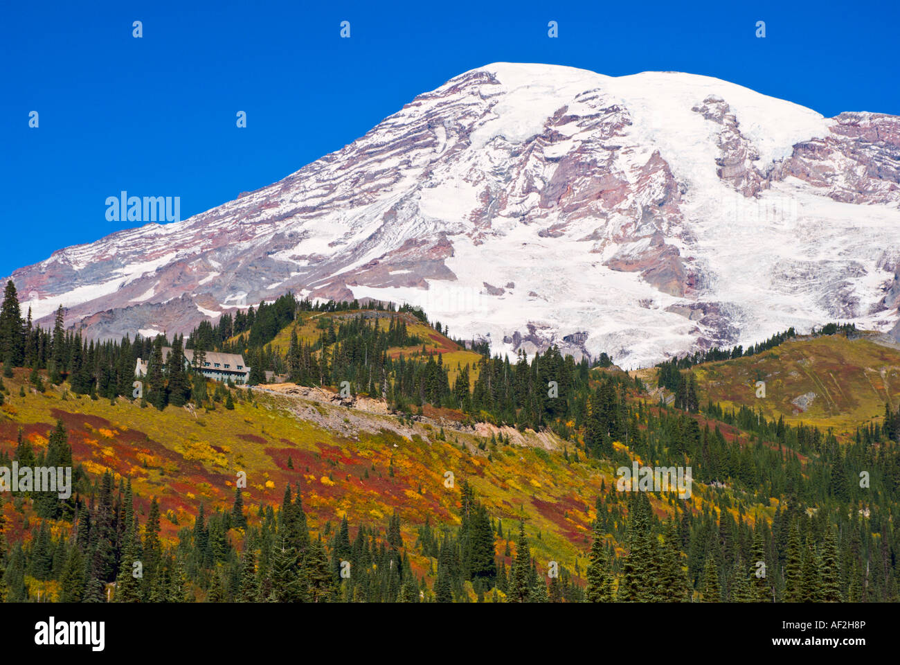 Paradise Inn and fall color under Mount Rainier Mount Rainier National ...