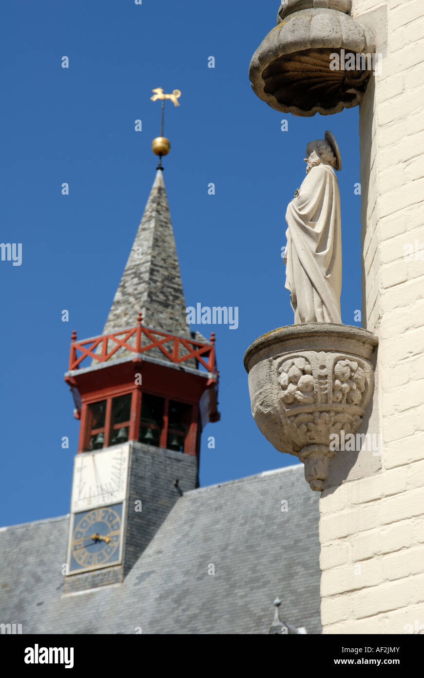Architectural detail and spire of the town hall, Damme Belgium Stock ...