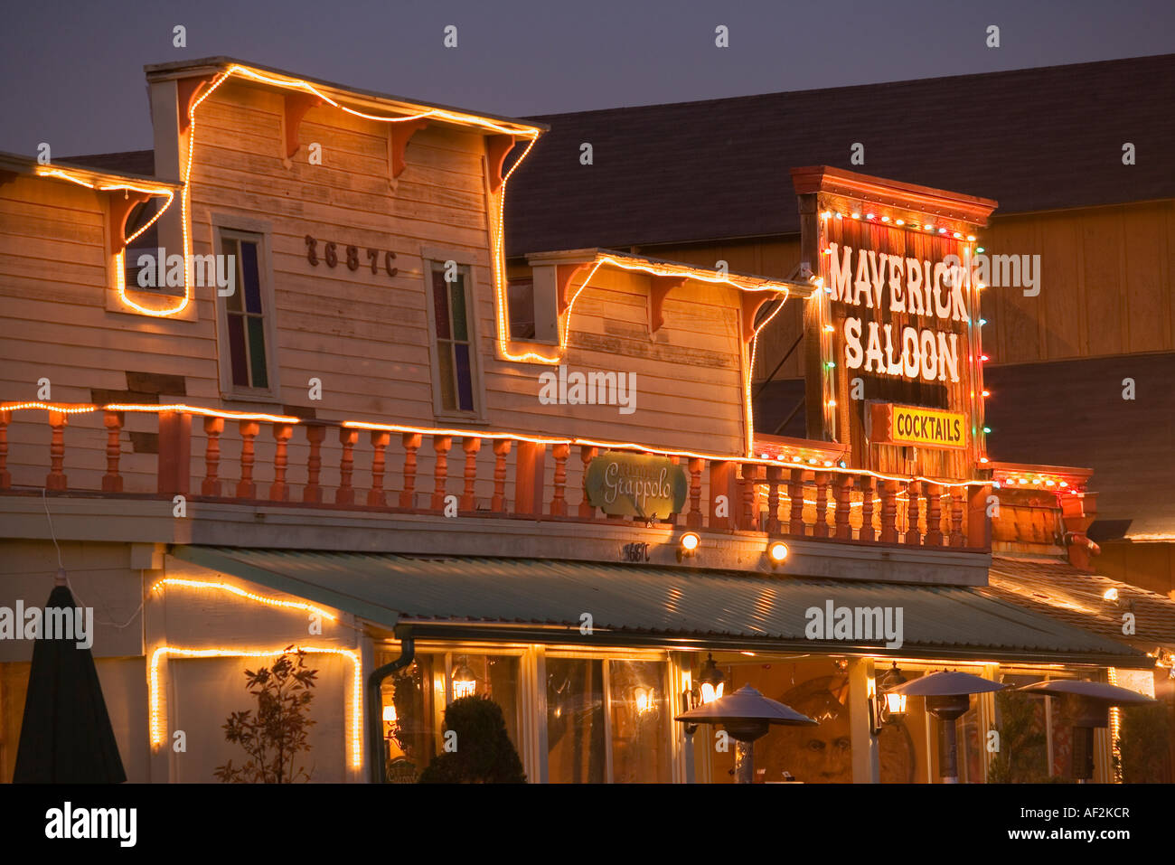 Trattoria Grappol and the Maverick Saloon at dusk Old Town Santa Ynez ...