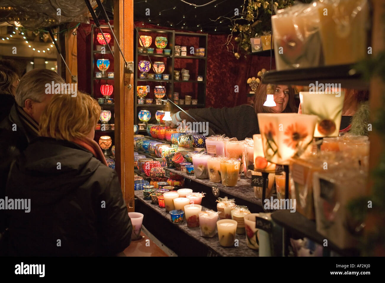 Candles stall, Christmas market at night, Strasbourg, Alsace, France ...