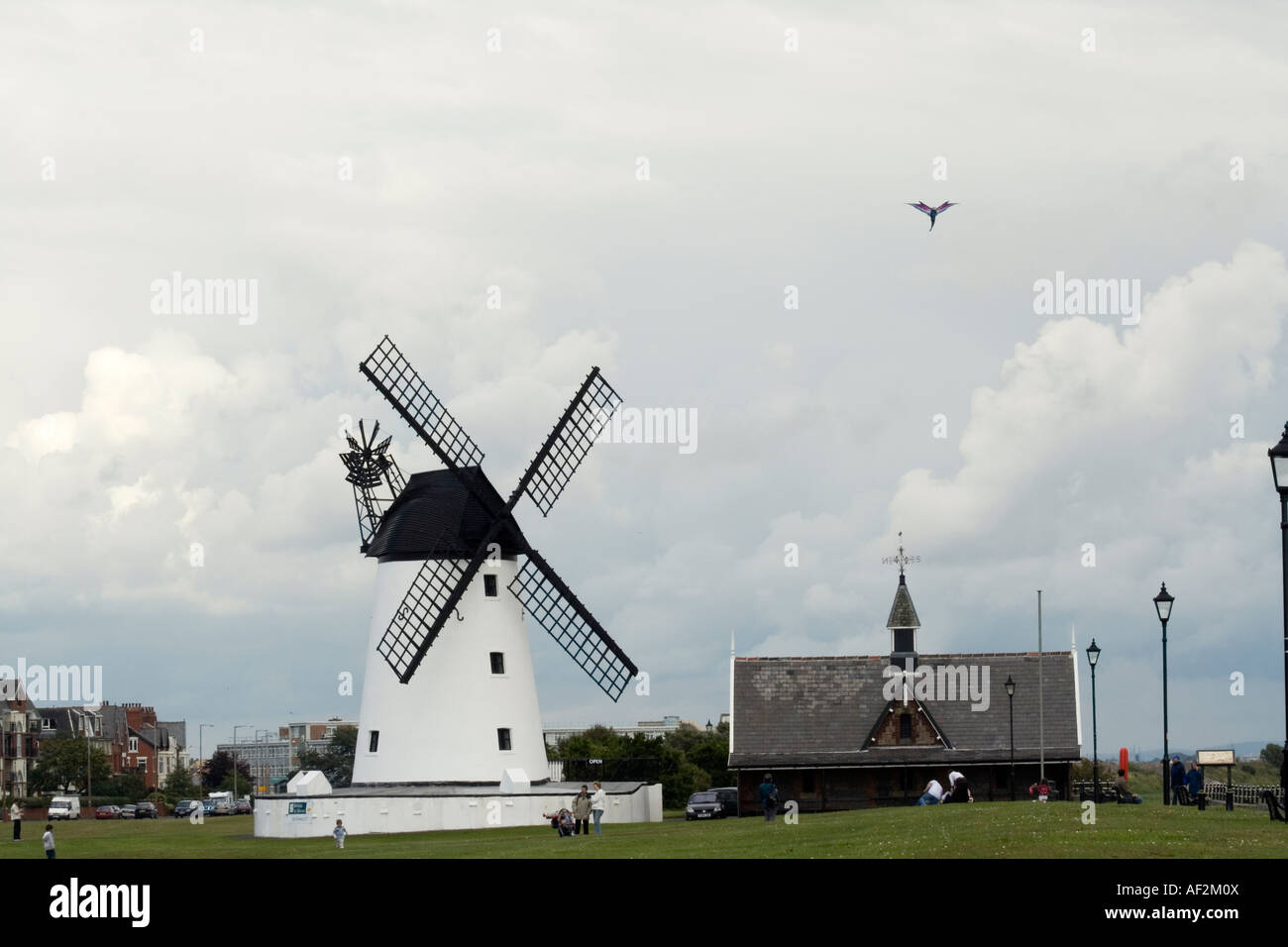 Windmill at Lytham near Blackpool with a kite flying in the air Stock ...