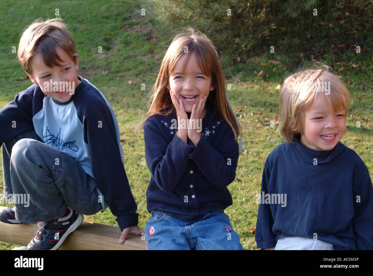 Group of three young children laughing outside in the park Stock Photo ...