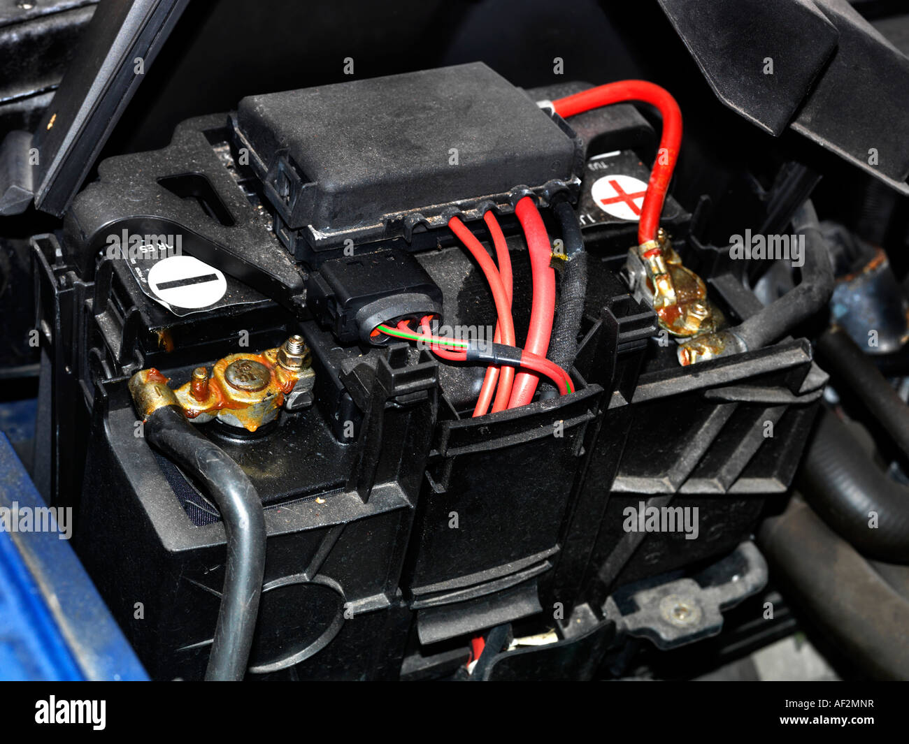 Car Battery Showing Terminals in Car Stock Photo - Alamy