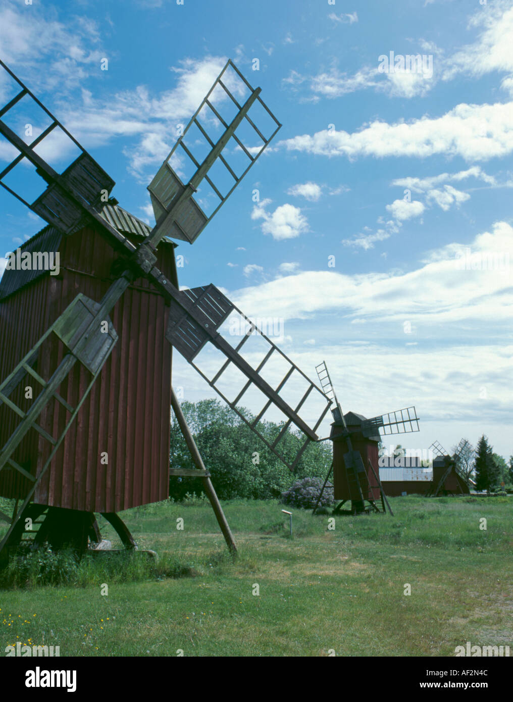 Traditional post mill wooden windmills, Störlinge, Öland, Sweden Stock ...