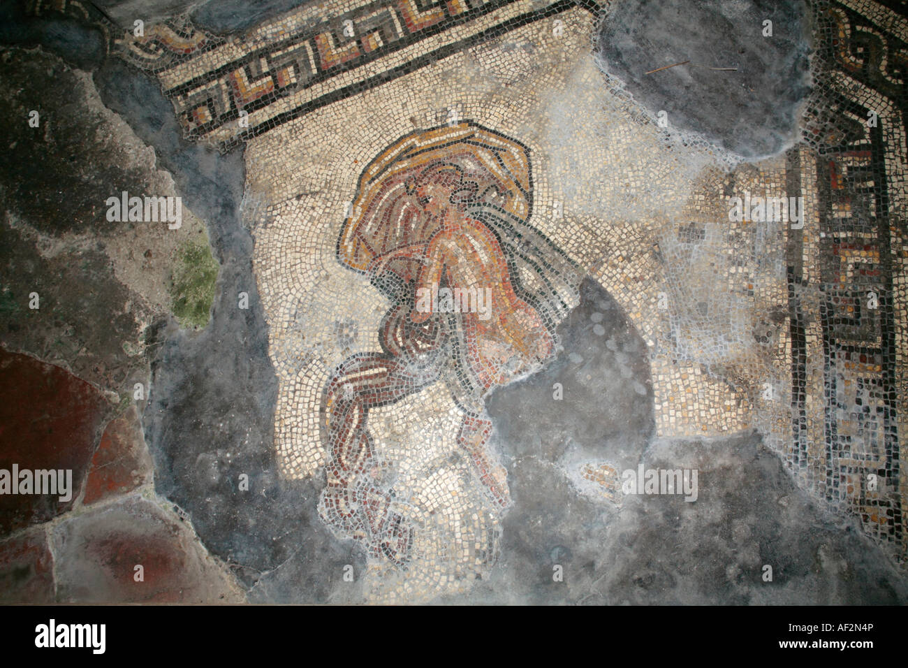 Floor mosaic of a Roman dancing female figure beside ornamental water ...
