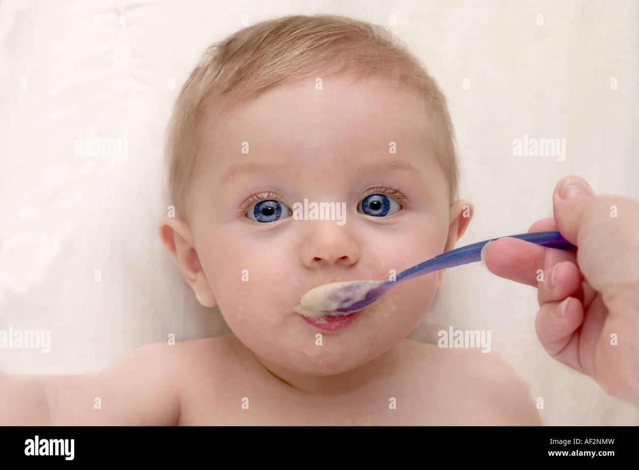 Baby boy being fed oatmeal Stock Photo - Alamy Baby boy being fed oatmeal Stock Photo - Alamy