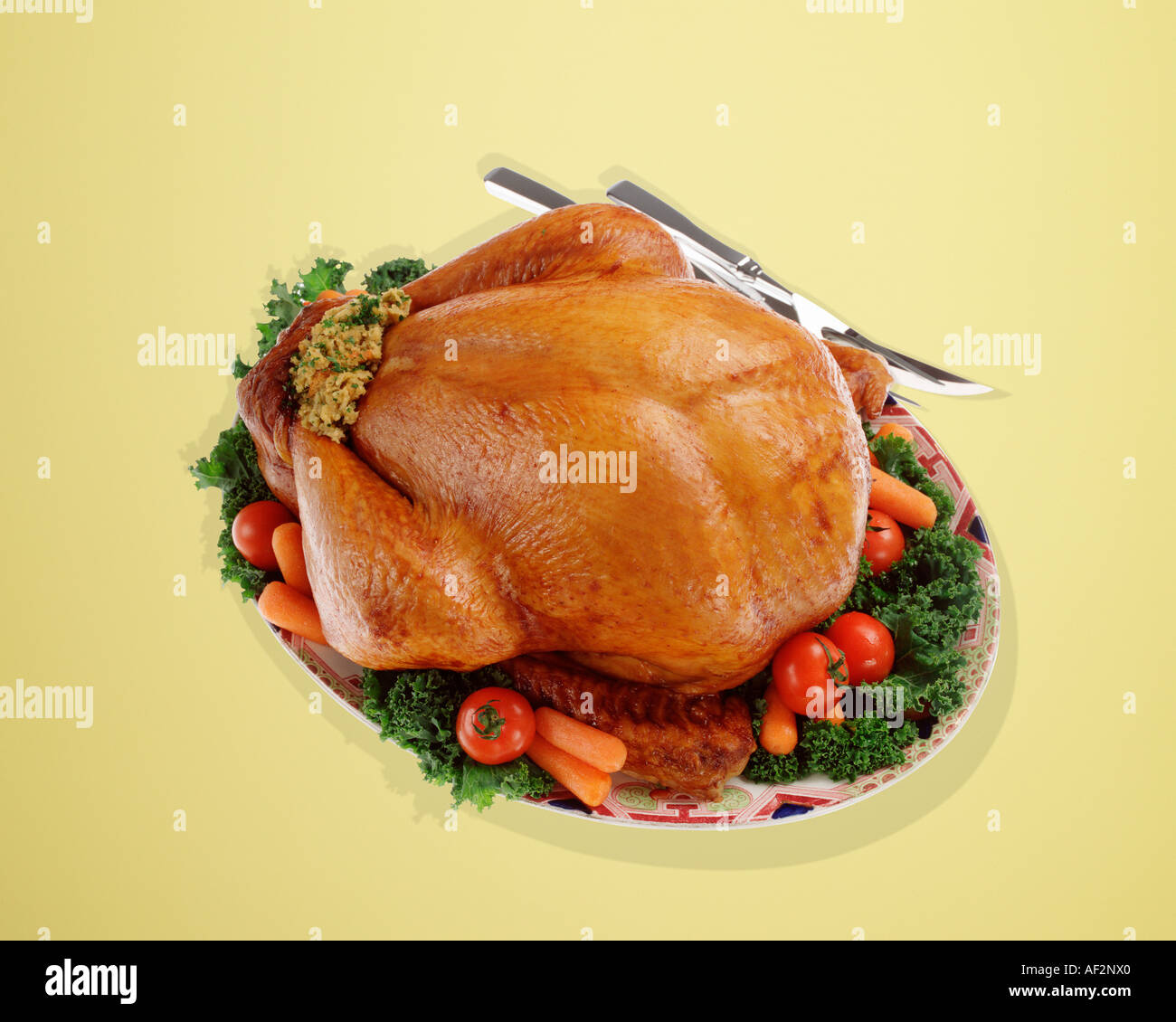 Red Rocket Stock Roast turkey and garnish on platter on color ...