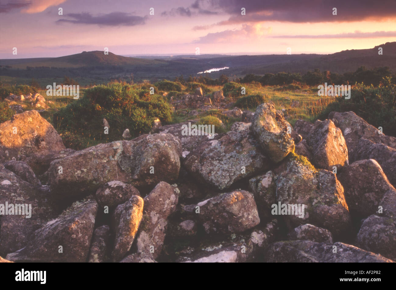 Sunset view towards Burrator reservoir Cramber Tor Dartmoor Devon UK ...