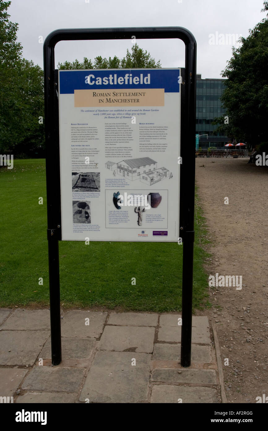 Sign post for the Roman fort in the city center Castlefield Manchester ...