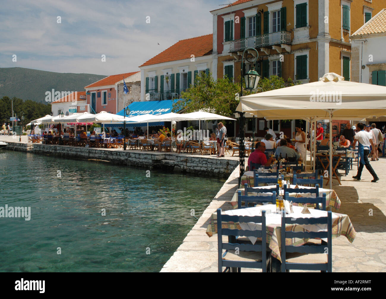 Quayside cafes at Fiscardo Harbour, Kefalonia, Greece Stock Photo - Alamy