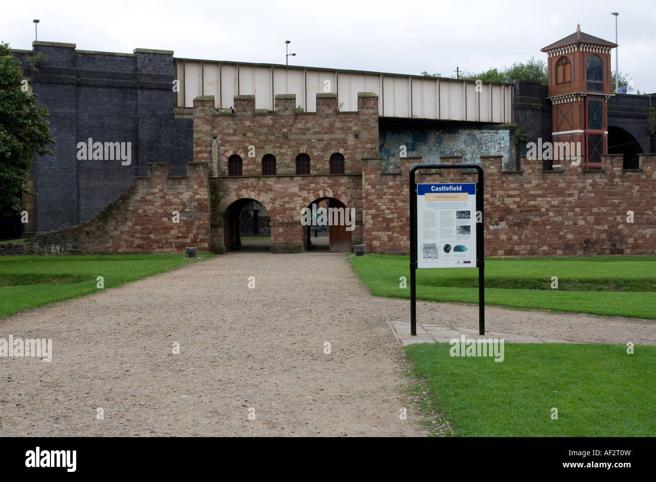 Sign post for the Roman fort in the city center Castlefield Manchester ...