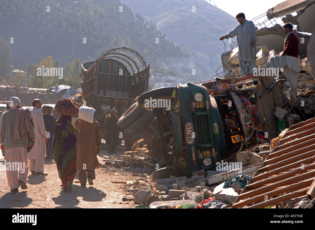 Overturned truck in Balakot after the earthquake hit Pakistan, 8 ...