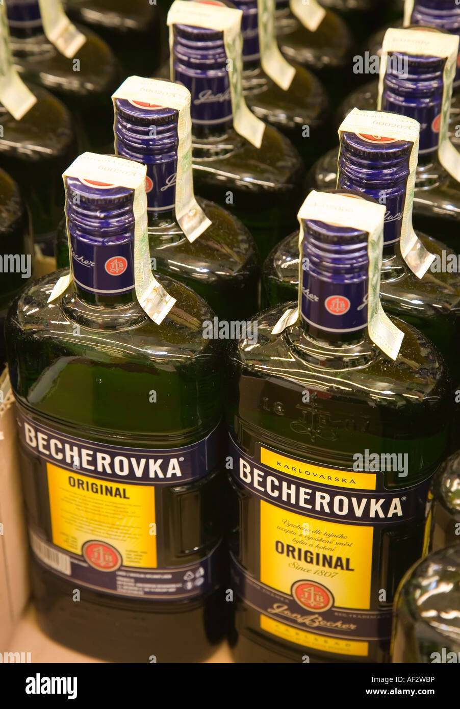 Bottles of Becherovka traditional alcoholic herbal drink Czech Republic ...