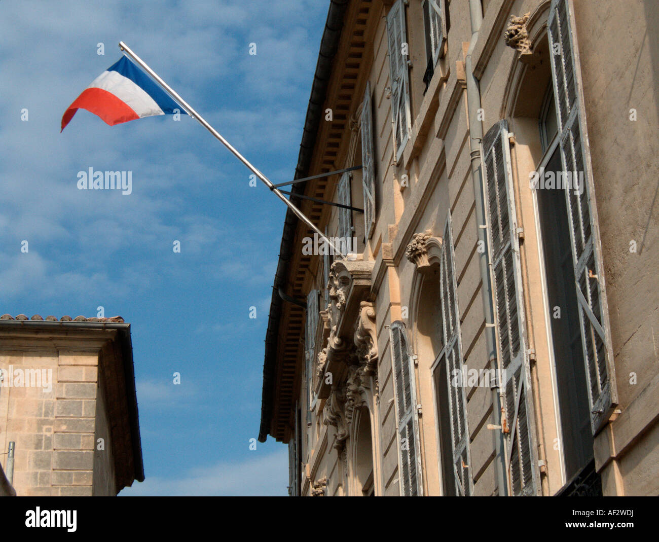 French flag. Historical centre. Arles. Bouches du Rhône Department ...