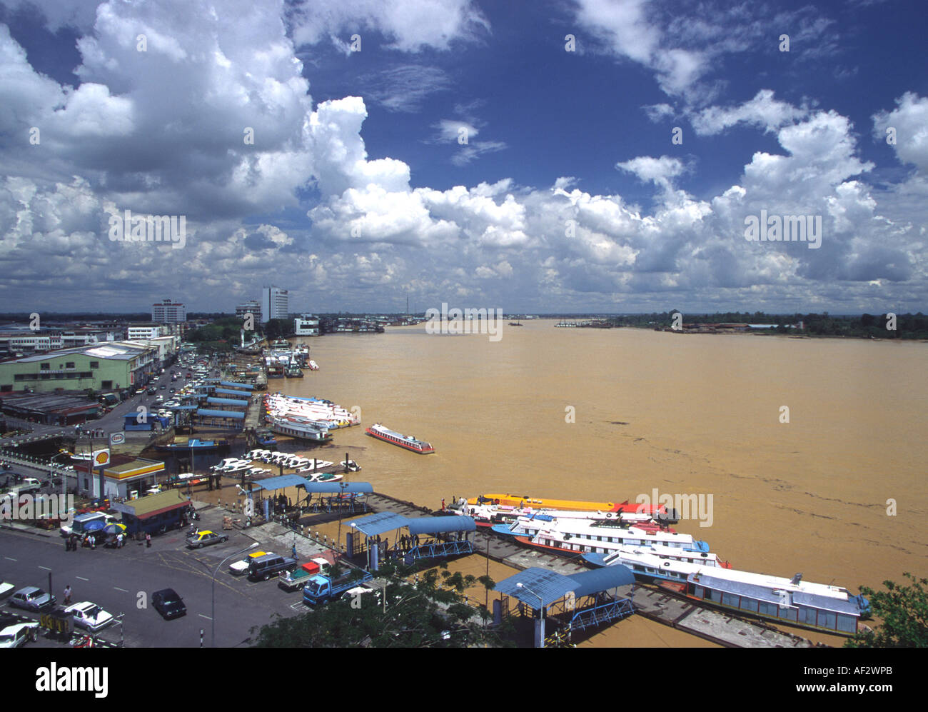 Sibu Sarawak Rejang River waterfront scene showing express boats docks ...