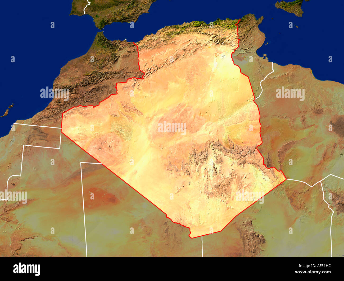 Highlighted Satellite Image Of Algeria Stock Photo - Alamy