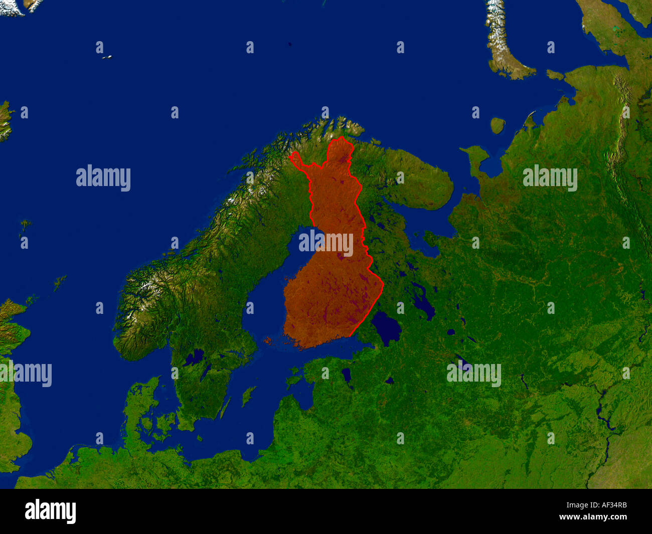 Satellite Image Of Finland Highlighted Red Stock Photo - Alamy