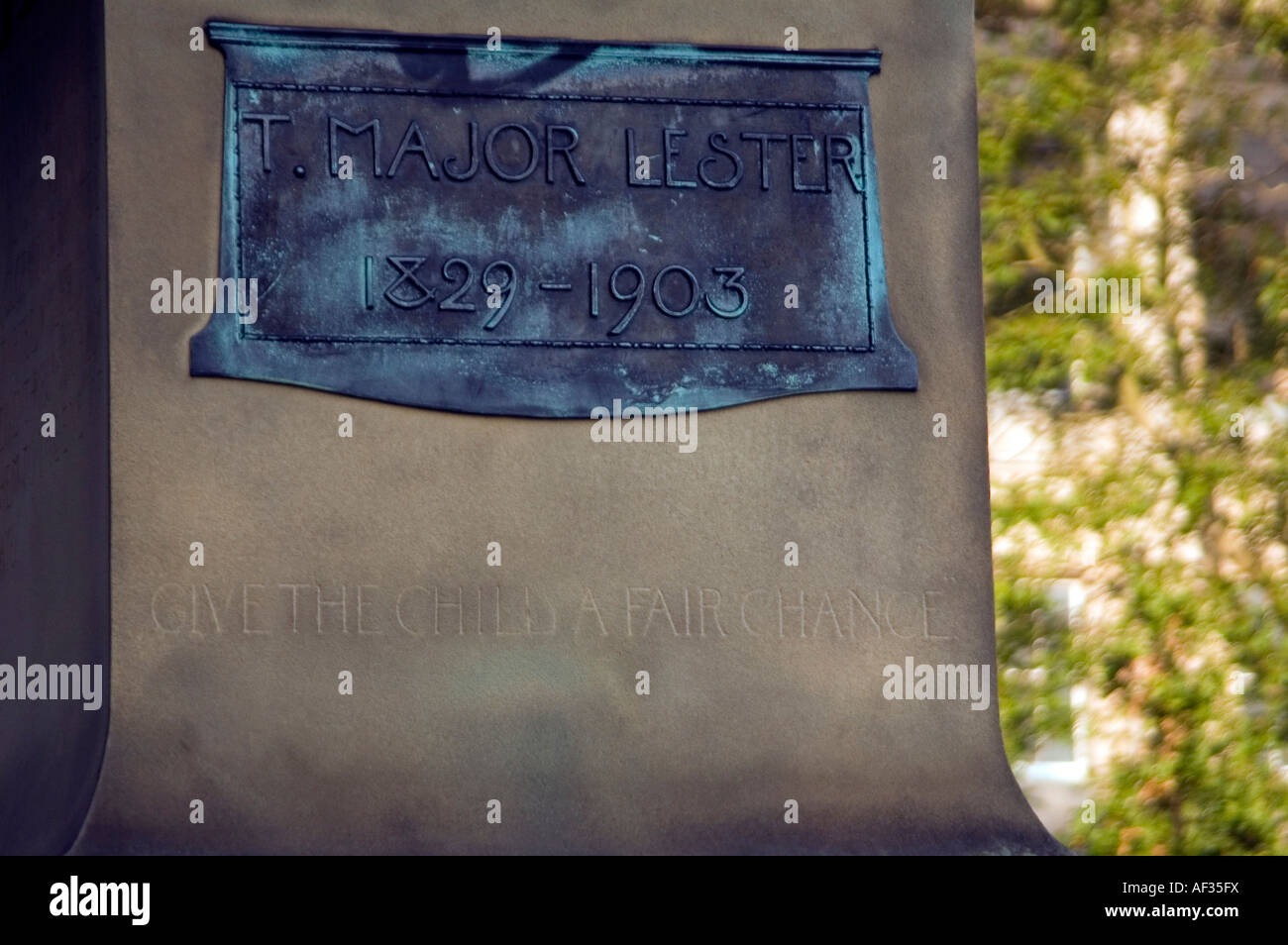 Stone plynth with T Major Lester name in copper Stock Photo - Alamy