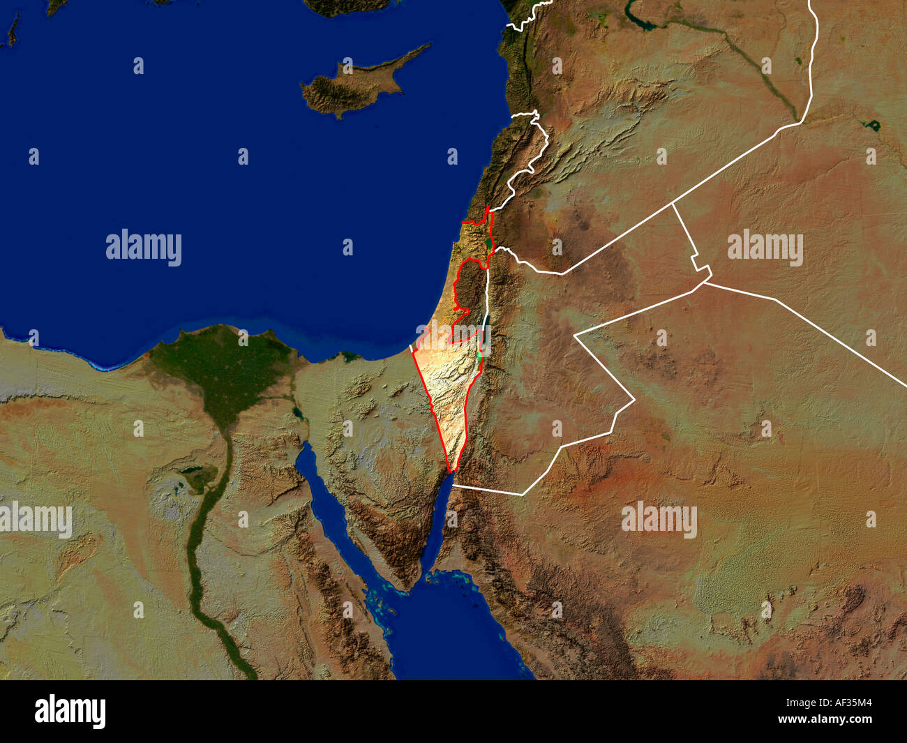 Highlighted Satellite Image Of Israel Showing Country's Borders Stock ...