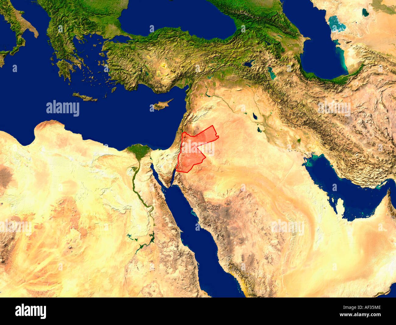 Satellite Image Of Jordan Highlighted Red Stock Photo - Alamy