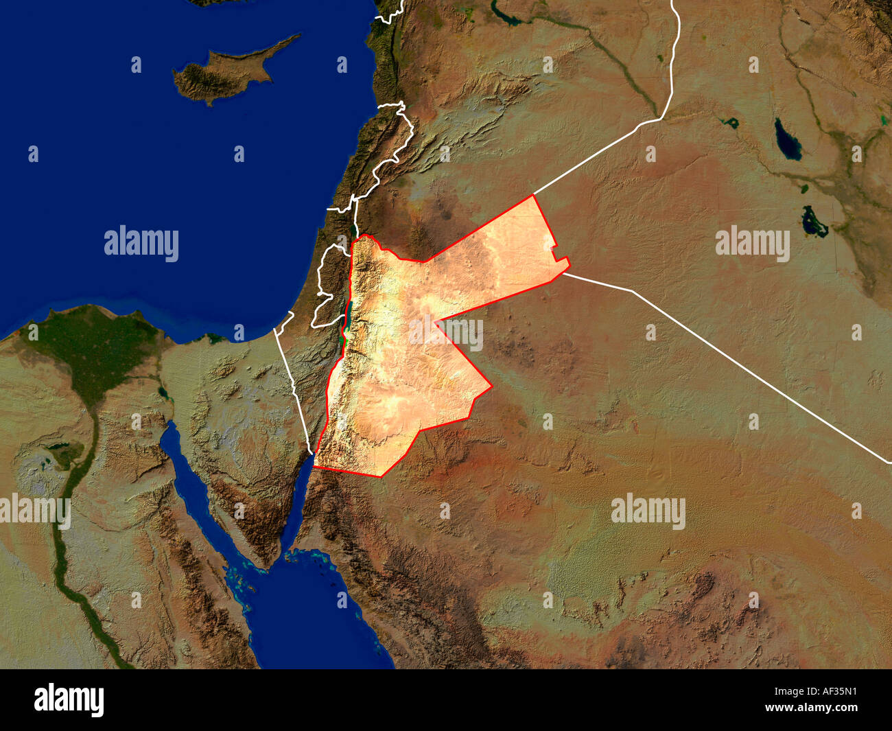 Highlighted Satellite Image Of Jordan Showing Country's Borders Stock ...